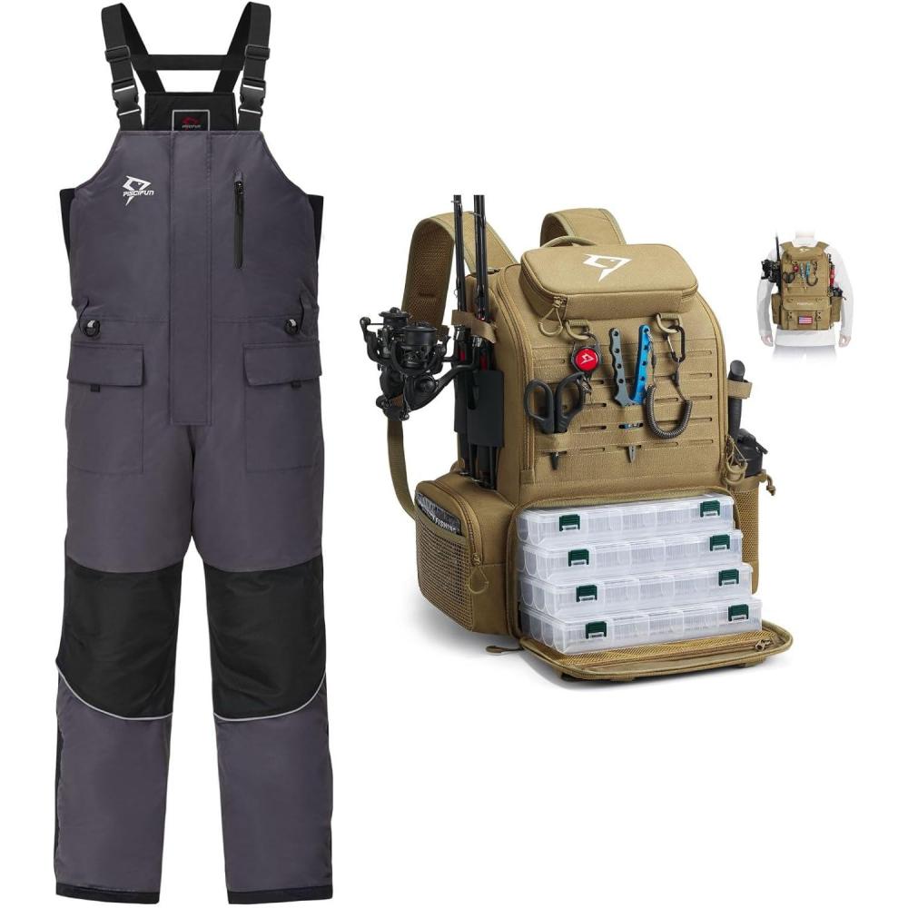 Piscifun Gray Ice Fishing Bibs Bundle with 52L Khaki Fishing Tackle ...
